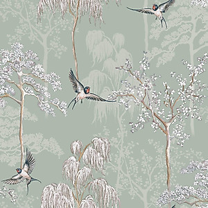 World of Wallpaper Japanese Garden Inspired Oriental Asian Themed Wallpaper for Living Room and Bedroom Cherry Blossom Trees and Oriental Birds - Sage Green 946102