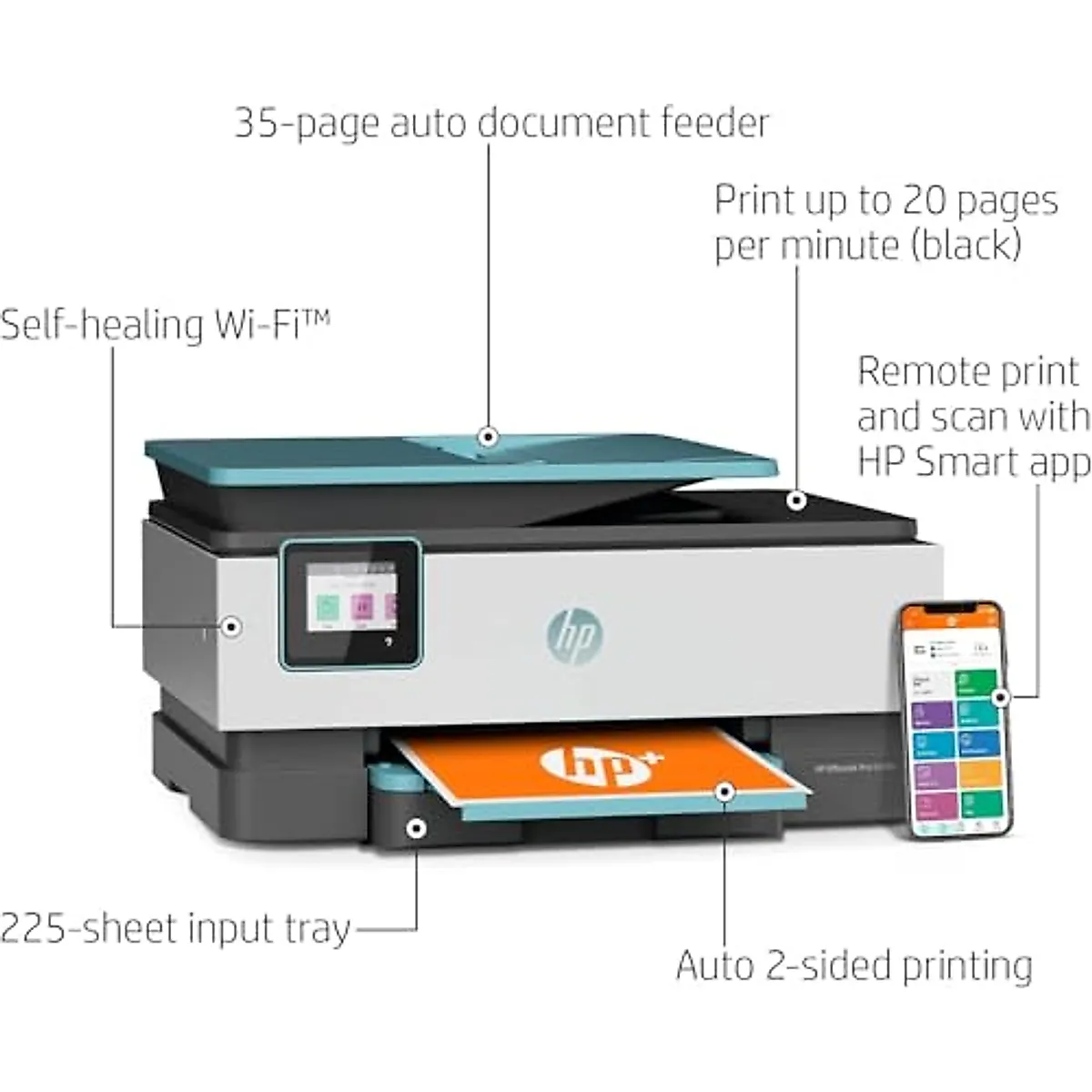 HP OfficeJet Pro 8028e All in One Wireless Printer Scanner Copier Fax Inkjet Print 2.7 Inch Touchscreen 2 Months of Instant Ink 20 ppm Black 10 ppm Color Home Office Use (Renewed)