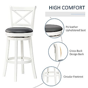 HOMCOM Traditional Bar Height Bar Stool, 31 Inch Seat Height Barstool, Swivel PU Leather Upholstered Chair, with Cross Back and Rubberwood Frame, Set of 2, Cream White