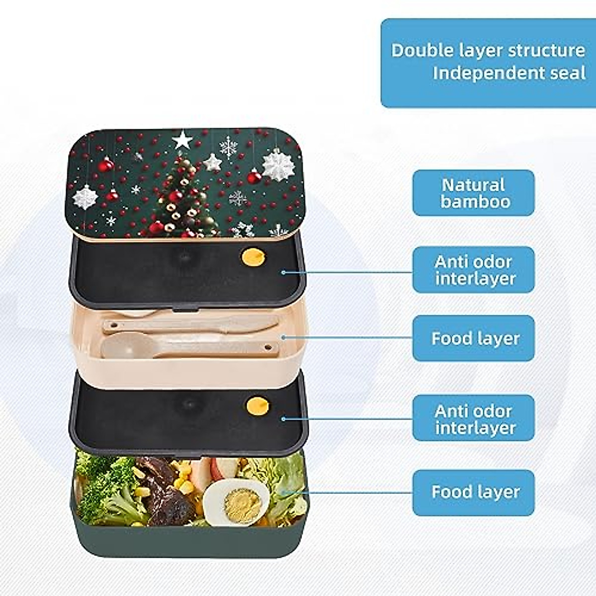 Round Ball Christmas Tree Adult Lunch Box, Bento Box, With Cutlery Set Of 3, 2 Compartments, Rectangular, Lunch Box For Adults