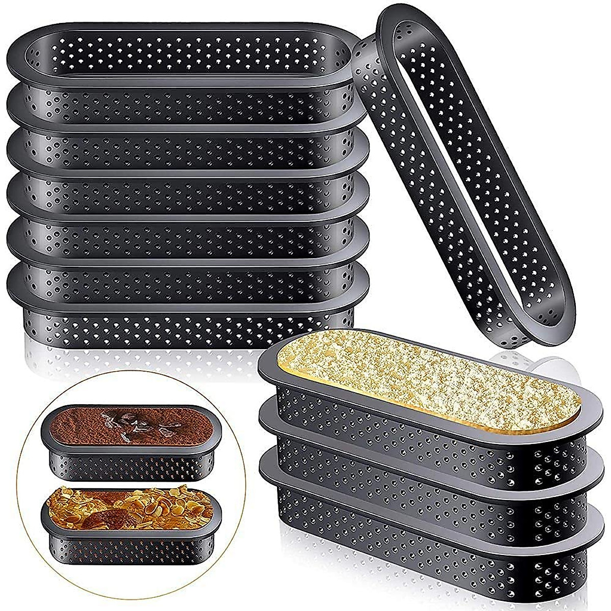 8pcs Oval Tart Ring Mousse Circle Tart Ring Round Cake Molds Cake Rings Mousse Mold Cake DIY Baking Mould Tool Perforated Ring Non Stick Bakeware(Black-Oval)