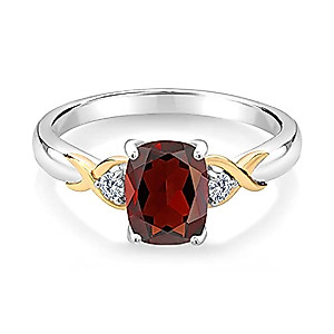 Gem Stone King 925 Silver and 10K Yellow Gold 8X6MM Cushion Cut Gemstone Birthstone and 2MM White Lab Grown Diamond 3-Stone Engagement Ring | Wedding Anniversary Promise Ring For Women