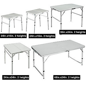 REDCAMP Small Camping Table 2 Foot, Portable Aluminum Folding Table Adjustable Height Lightweight for Picnic Beach Outdoor Indoor, White 24 x 16 inch (3 Heights)