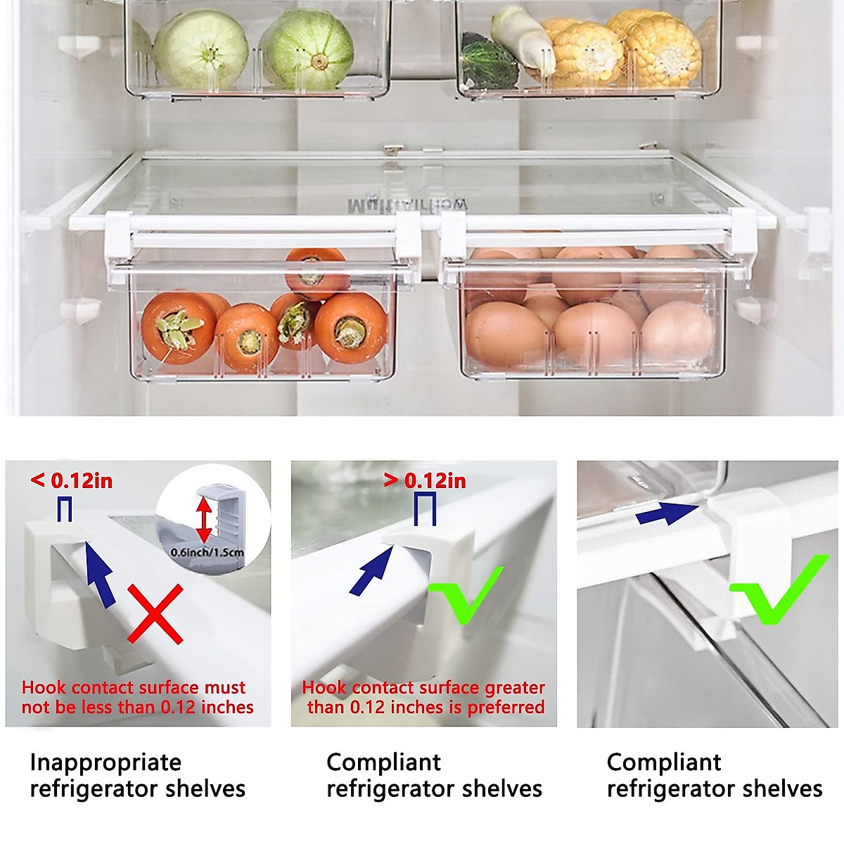 FineNoke Fridge Drawer Organizer,Refrigerator Organizer Bins,Fridge Storage Box Shelf Holder,Pull Out With Handle,Clear Container For Food,Drinks,Fit for Fridge Shelf Under 0.6" (2-Pack,4-grid)