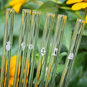 HALM Glass Straws - Summer Edition - 6 Reusable Drinking Straws With Summer Icons 20cm (8 in) - Icecream, Sun, Boat, Pineapple, Palmtree, Bikini - Made in Germany - Dishwasher Safe - Eco-Friendly