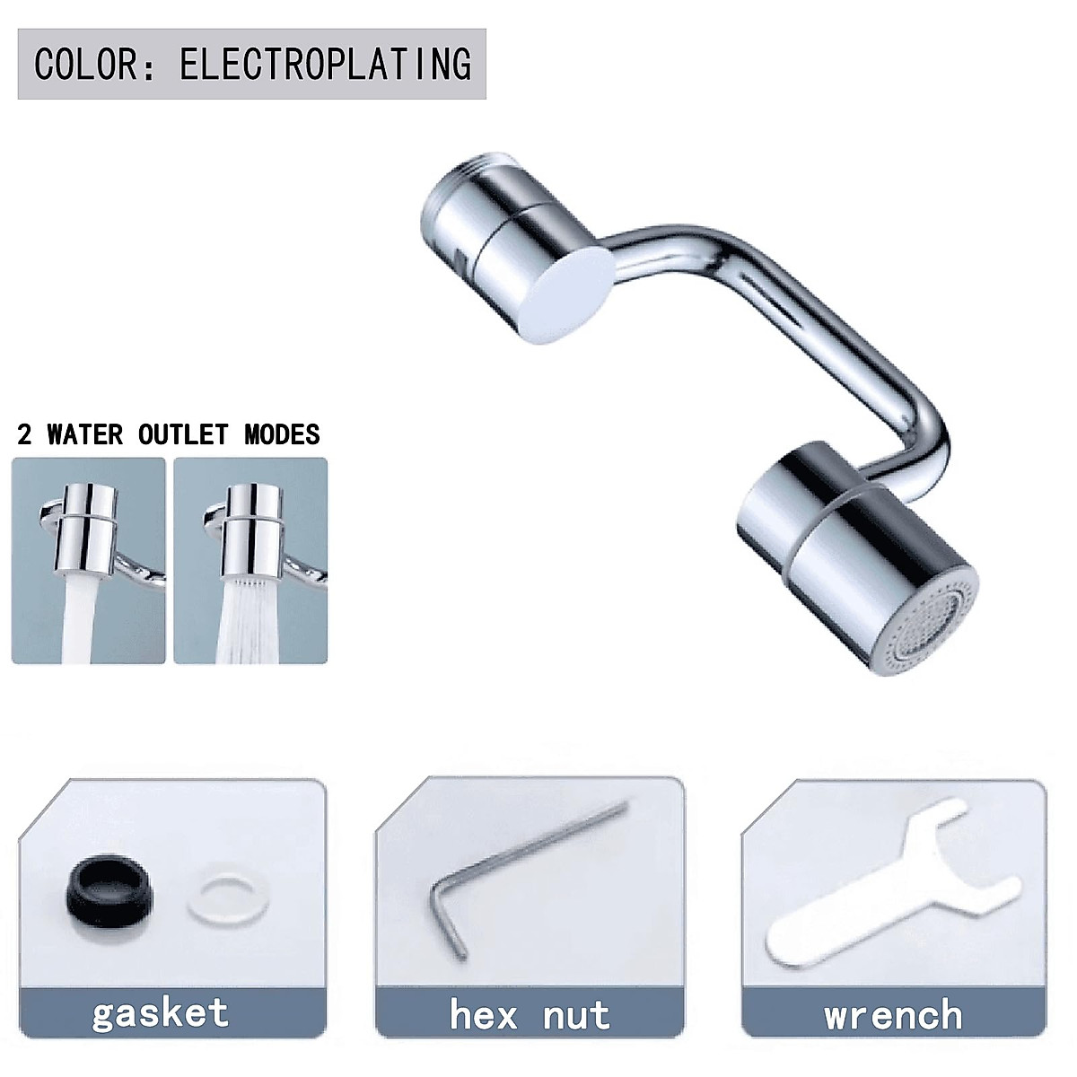 360° Swivel Kitchen Faucet Extender in Brass - 2 Spray Modes, Splash-Free Design for Bathroom & Kitchen Sink Faucets - Gold & Black Finish (Silvery)