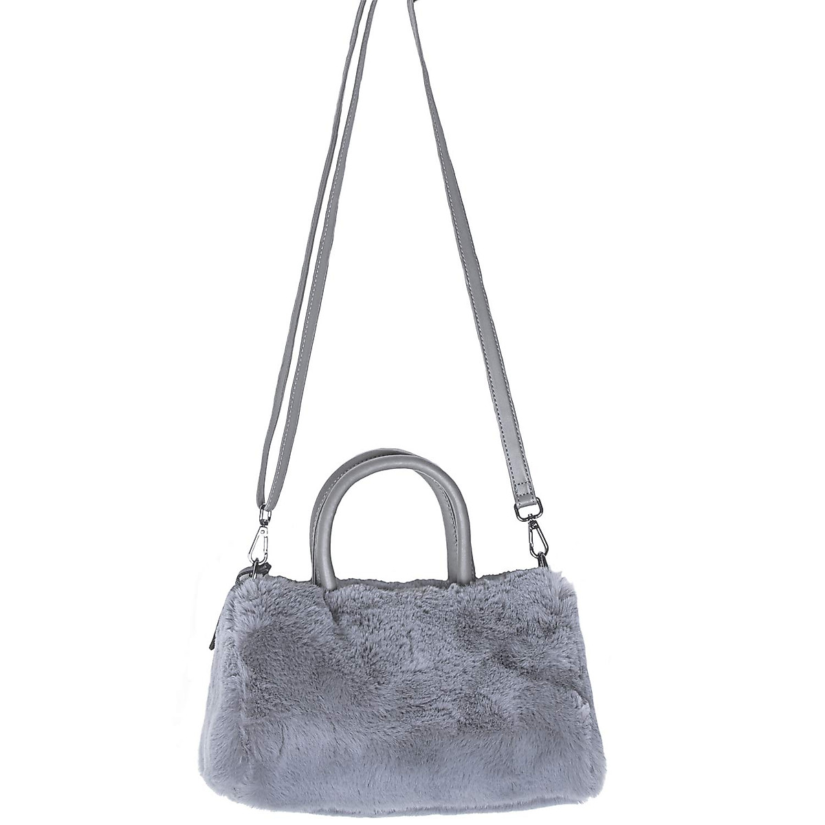 Luxe L 100% Faux Fur Bowler Bag for Women Soft Modern Top-Handle Handbag with Detachable and Adjustable Faux-Leather Strap, Grey