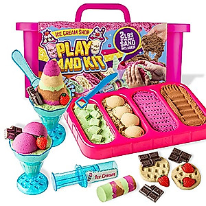 GirlZone Ice Cream Shop Play Sand for Kids, 22pcs Moldable Sand Kit - Serving Tools, Glasses, Spoon, Decorations, Stickers & 2lbs Colorful Sand, Fun Kids Sensory Toys, Ideal Easter Gifts for Kids
