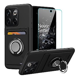 Anneey for Oneplus 10T 5G Phone Case with Tempered Glass Screen Protector, Card Holder with Ring Stand case for 1+ 10T 5G Cover - Black