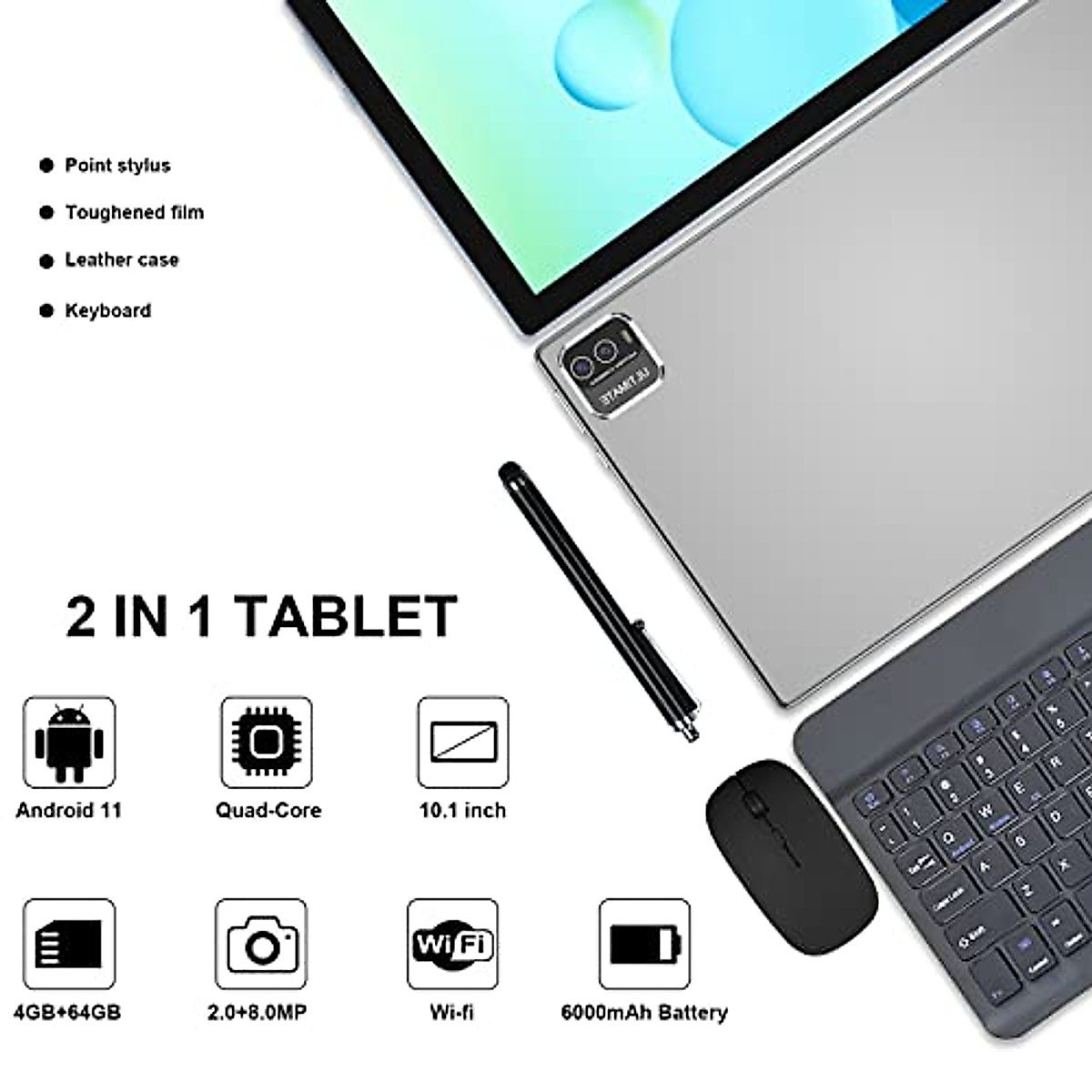 Tablet Android 11.0 Tablet, 2 in 1 Tablet 10.1 Inch, 64GB ROM+4GB RAM, CPU 1.8Ghz Dual 8MP Camera, 6000mAh Battery IPS WIFI Bluetooth Tablets PC with Keyboard Case Mouse Film Stylus Tablet computer.