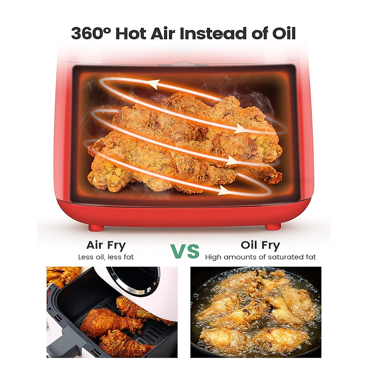 [NEW LANUCH] KOOC Large Air Fryer, 4.5 Quart Electric Hot Oven Cooker, Free Cheat Sheet for Quick Reference Guide, LED Touch Digital Screen, 8 in 1, Customized Temp/Time, Nonstick Basket, Red