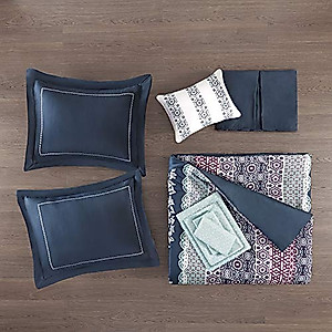 Intelligent Design Complete Bed In A Bag Casual Boho Comforter with Sheet Set Decorative Pillow, All Season Bedding Set, Twin, Loretta Navy 7 Piece
