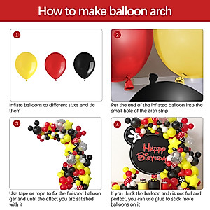 HYOWCHI Mickey Birthday Party Supplies - 132 Pcs Mickey Theme Birthday Baby Shower Party Balloon Garland Arch Kit, Red Yellow Black White Latex Balloon Arch For Mickey Theme Party Decorations