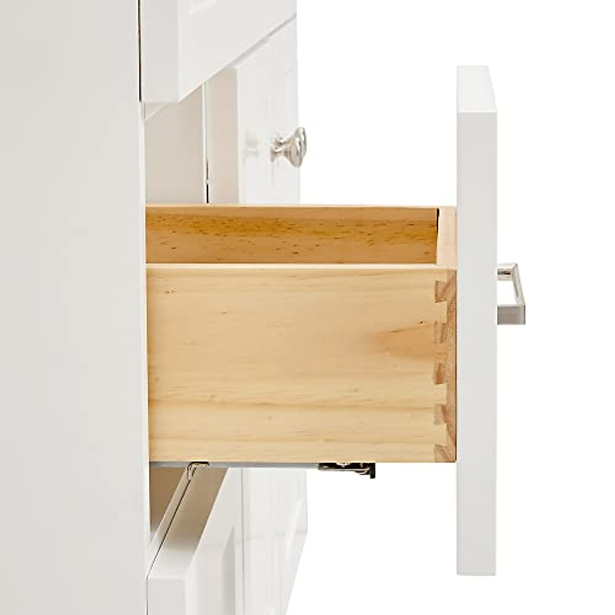 ARIEL 36" White Bathroom Vanity Base Cabinet, Right Offset Sink Configuration, 2 Soft-Closing Doors, 2 Full Extension Dovetail Drawers, 1 Enclosed Large Storage Shelf, Brushed Nickel