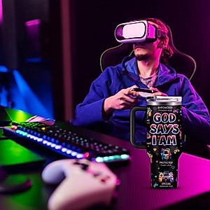 Christian Gamer Gifts, 40 Oz God Says I Am Gamer Tumbler With Handle, Christian Gifts for Men/Boys, Inspirational Religious Birthday Gifts for Game Lover Bible Verse Cup, Gaming Gifts For Gamer