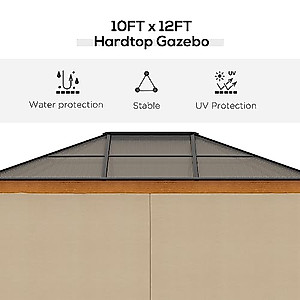 Outsunny 10' x 12' Hardtop Gazebo Canopy with Polycarbonate Roof, Aluminum Frame, Permanent Pavilion Outdoor Gazebo with Netting, for Patio, Garden, Backyard, Deck, Lawn, Khaki