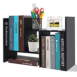 Hossejoy Adjustable Desktop Bookshelf Office Organizer Desk Storage Organizer Display Shelf Rack, Counter Top Bookcase, Black