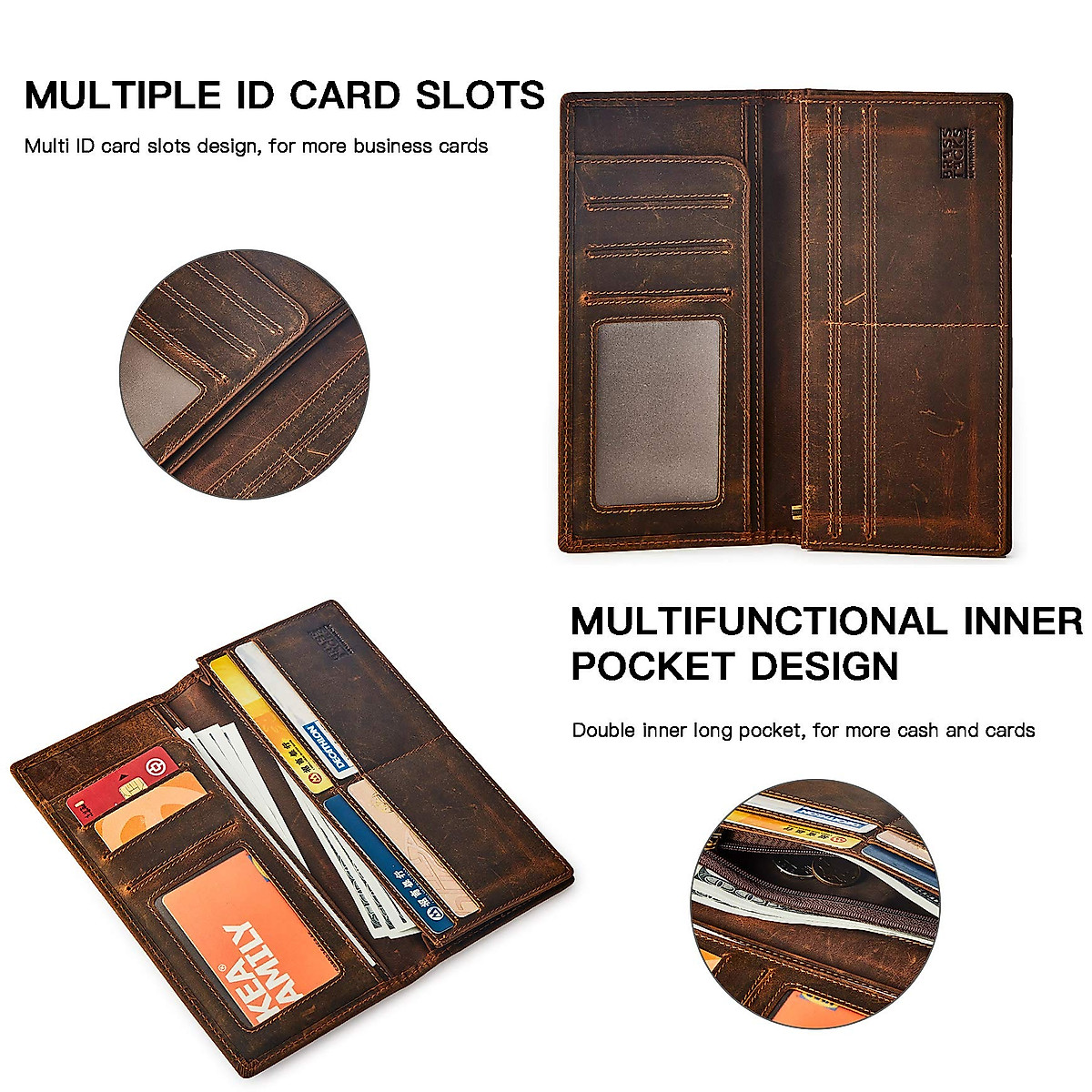 BRASS TACKS Leathercraft Vintage Top Grain Leather Long Wallet for Men Brown Cowhide Bifold Wallet Gift Box