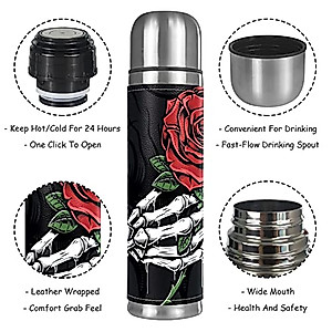 Water Bottle Skull Hand Rose Mug 16Oz Stainless Steel Insulated Tumbler Coffee Mug Travel Vacuum Cup 10.2x2.6 in