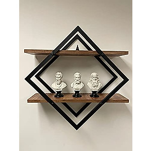 Diamond Shape Metal Frame Wall Mount Rustic Shelf. Mid Century Modern 2 Tier Wall Shelf