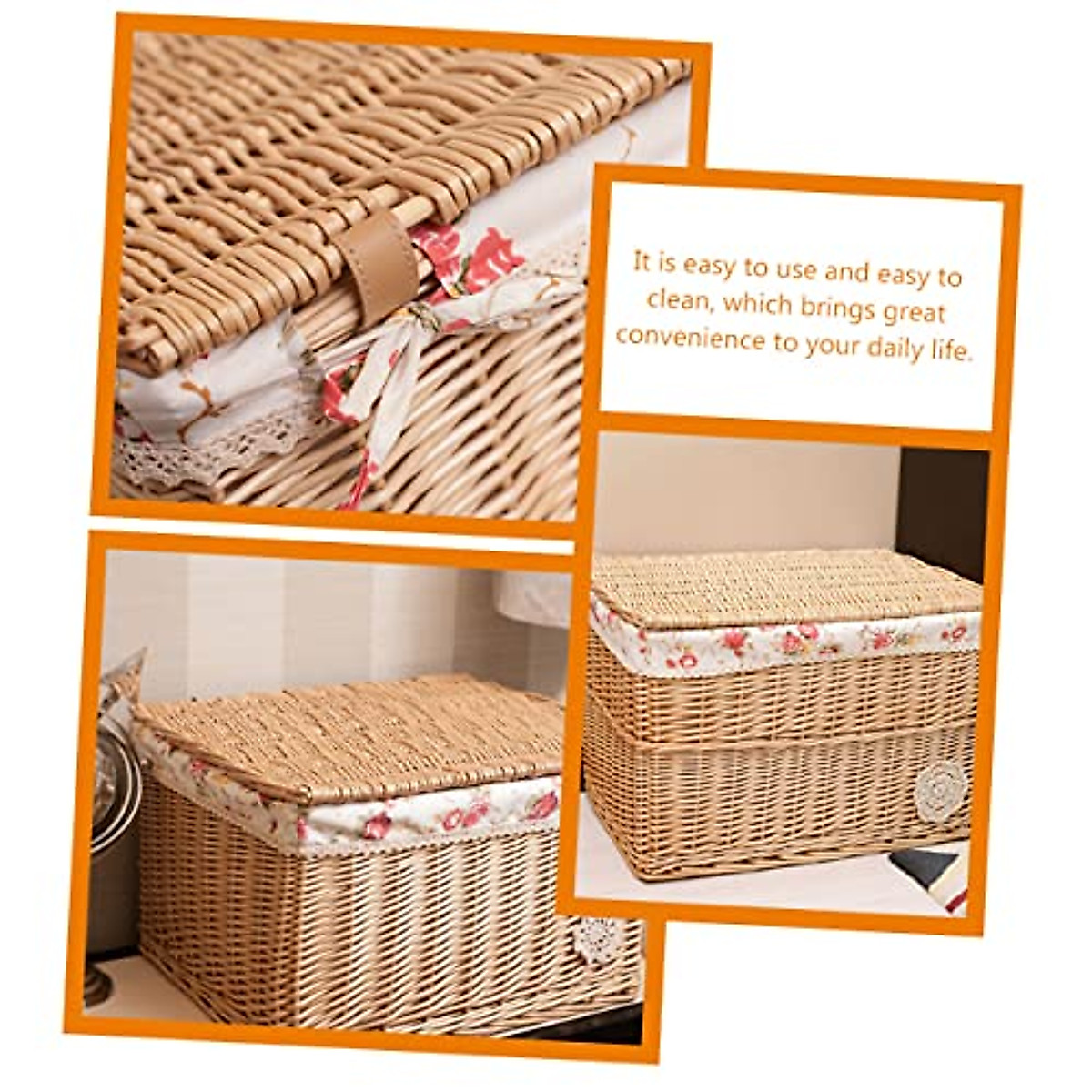 COLLBATH 2pcs box Rattan Woven Clothes Bedroom and Bathroom Liner Desktop Storage Flower Rectangular for with Container Printed Clo Bin Cosmetic Lid Cube Rectangle Organizer Wicker