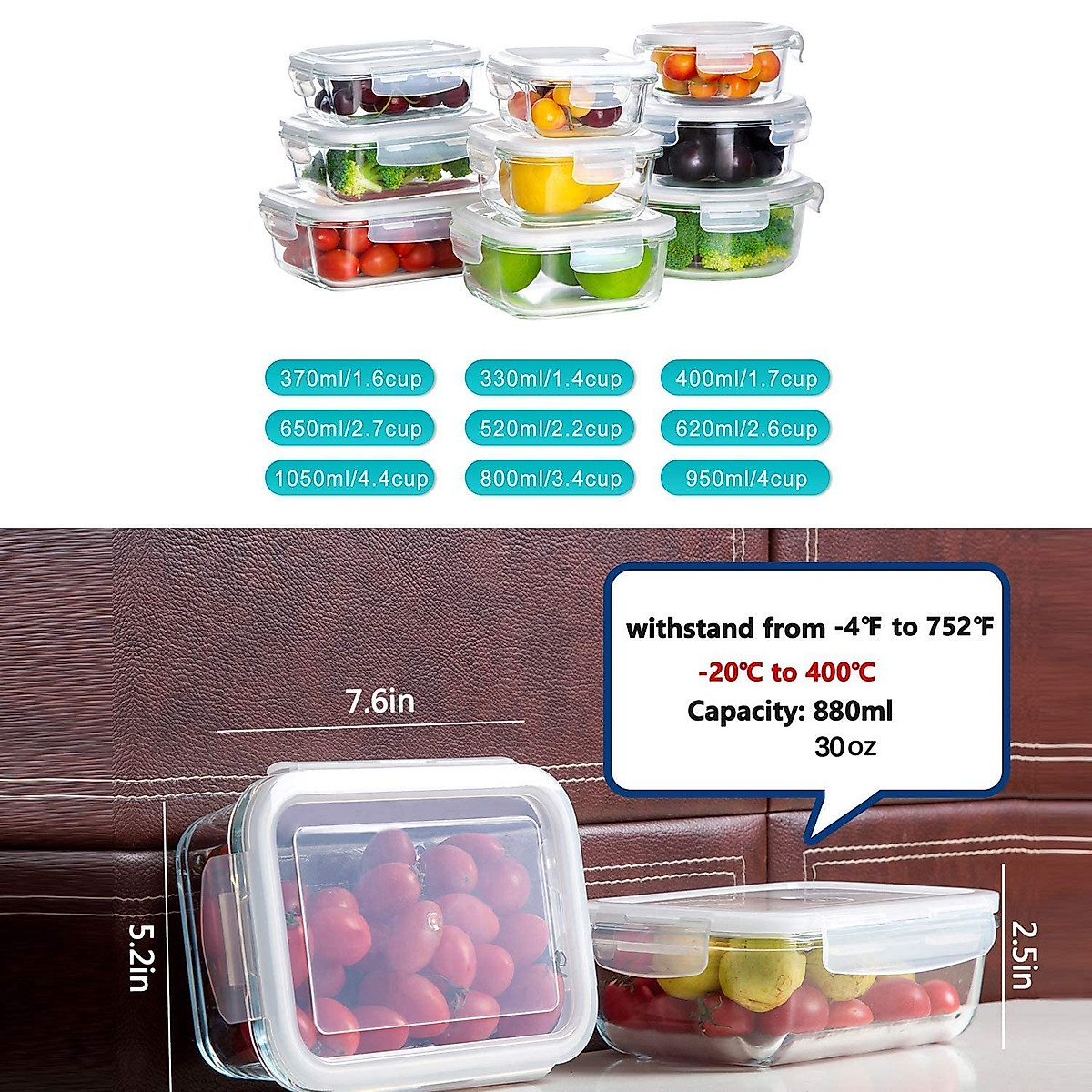Bayco Glass Storage Containers with Lids, 9 Sets & 8 Sets Glass Meal Prep Containers Airtight, Glass Food Storage Containers, Glass Containers for Food Storage with Lids - BPA-Free & Leak Proof