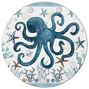Ocean Octopus Round Area Rugs 5ft - Soft Area Rug for Kids Room, Blue Summer Beach Nautical Coastal Starfish Coral Machine Washable Living Room Circle Rugs, Non-Shedding Bedroom Carpet Floor Mat