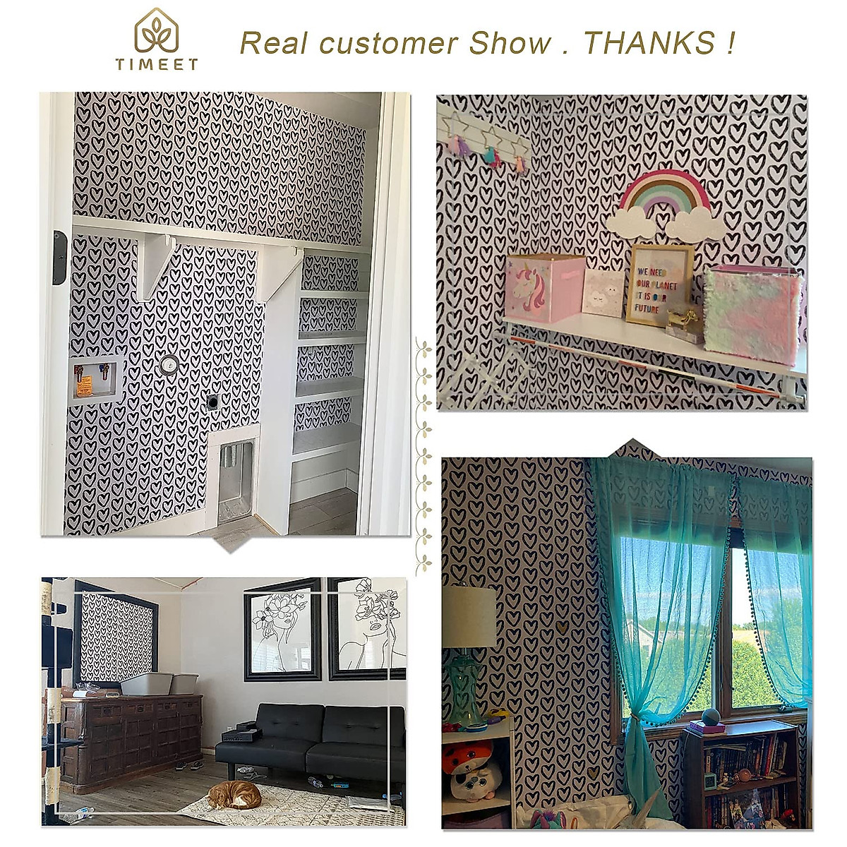 Timeet Modern Heart Wallpaper Peel and Stick Wallpaper Self Adhesive Wallpaper 17.7"x78.7" Black White Contact Paper Vinyl Removable Wallpaper Decorative for Bedroom Living Room Bathroom