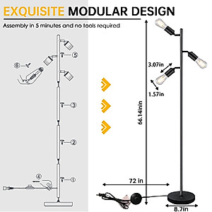 Bricosmocon Industrial Floor Lamp, Standing Lamp, Tree Floor Lamp with 3 Adjustable Rotating Lights, E26 Edison Bulb Floor Lamp for Living Room, Bedroom, Home, Office(Bulb not Included) (Black)