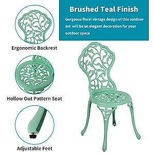 Verano Garden 3 Piece Outdoor Bistro Set, Rust-Resistant Cast Aluminum Patio Bistro Set Antique Finish, Weather Resistant Patio Table and Chairs, Outdoor/Indoor Use, Teal