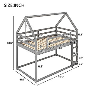 Twin Over Twin House Bunk Bed with Safety Guardrail and Ladder, Wood Twin Loft Bed Frame with House Roof for Kids Teens Girls Boys,Grey