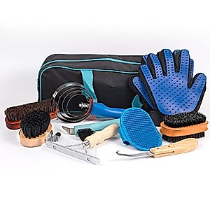RupXinSplend Horse Grooming Kit 11pcs-Portable - Horse Brushes Set & Curry Combs, Sweat Scraper, Grooming Gloves, Hoof Pick, Hoof Knife, Horse Care Kit Equine Grooming Tool Set Horse Kit for Horse Cleaning Blue Tote