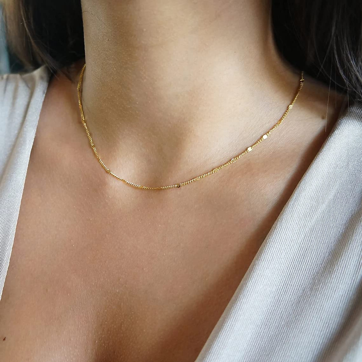 Pancert Danity Gold Necklace for Women 14K Gold Plated Satellite Necklaces Gold Link Chain Necklace Tiny Dot Bar Necklace Simple Everyday Jewelry Gift