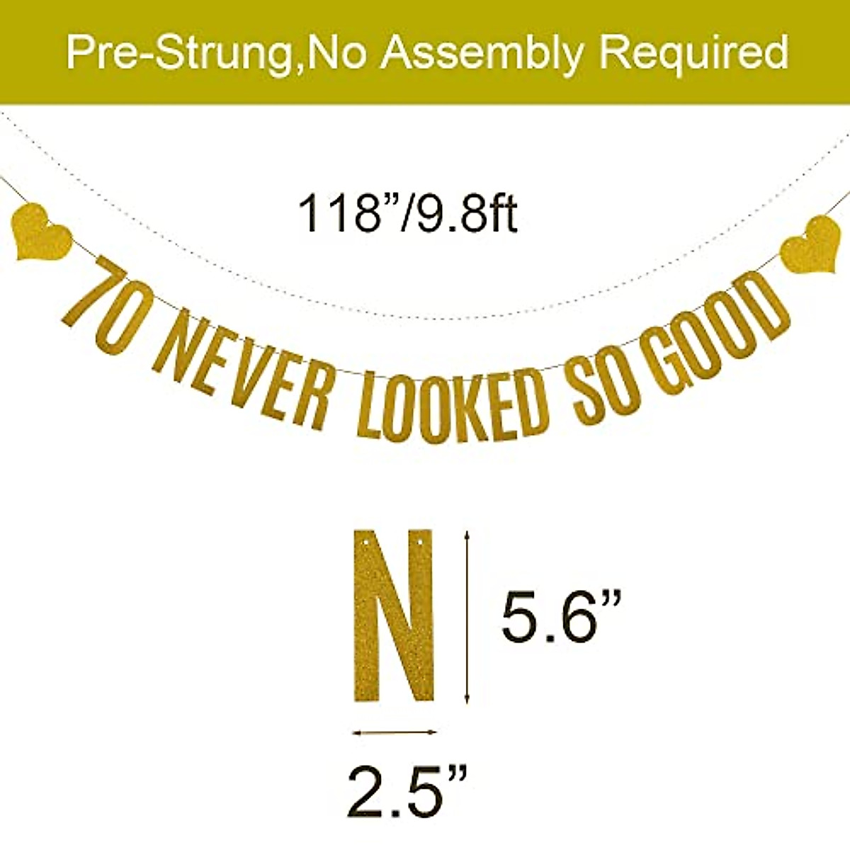 70 Never Looked So Good Banner, Pre-Strung, Gold Paper Glitter Party Decorations for 70th Birthday Party Supplies, Letters Gold,ABCpartyland
