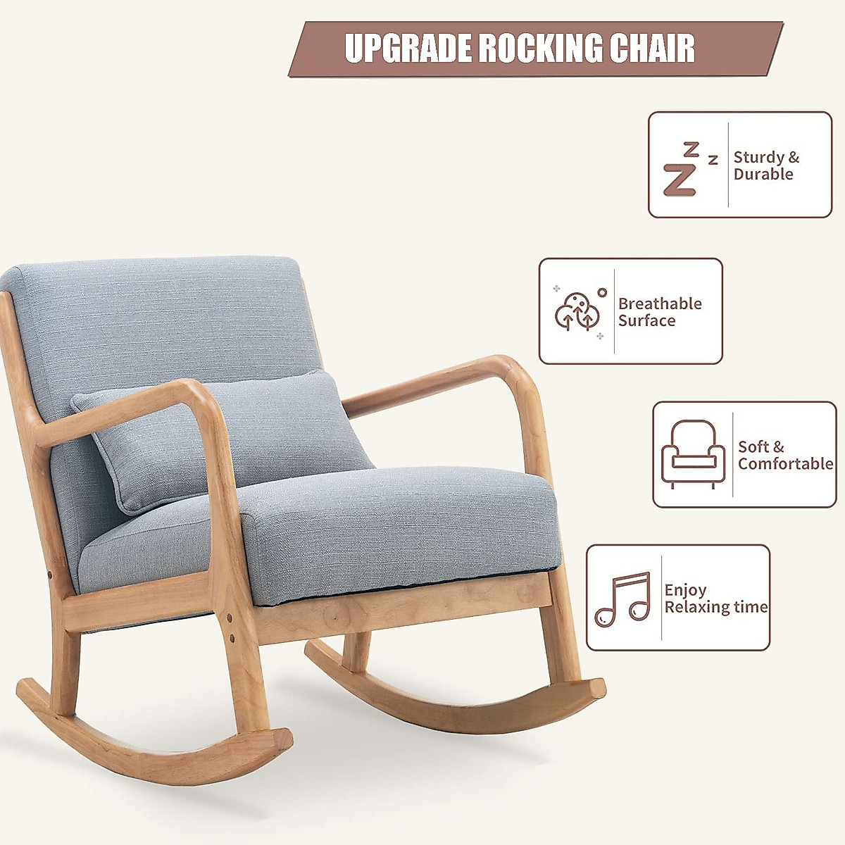 Altrobene Modern Rocking Chair, Accent Chair Glider Rocker, Lazy Lounge Arm Chair for Baby Nursery/Living Room/Bedroom, Grey, Waist Pillow Included