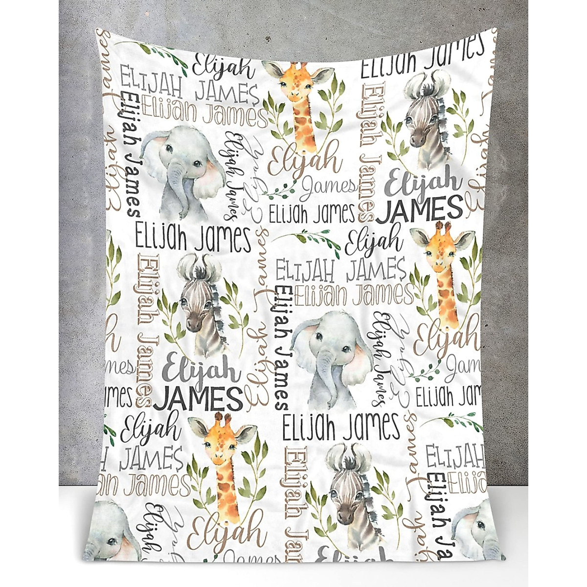 Personalized Baby Boy Blanket, Custom Name Boy Blanket, Safari Animal Print Blanket, Baby Name Repeat Blanket, Elephant Giraffe Ze King