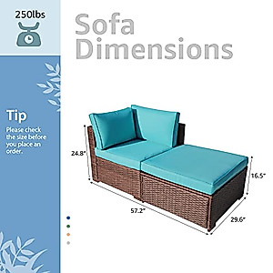 OC Orange-Casual 2 Piece Patio Sectional Furniture Set with Back Seat Cushions, Outdoor Armchair Wicker Sofa, Ottoman Brown Wicker & Turquoise Cushion