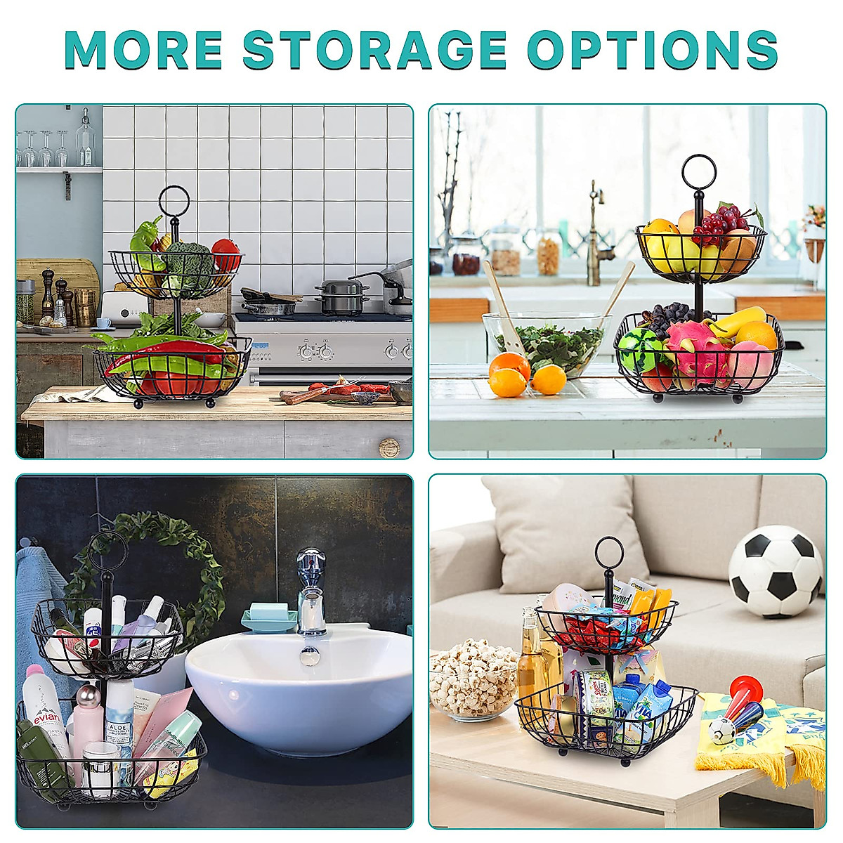 2 Tier Fruit Basket Bowls, Fruit and Vegetable storage for Kitchen Countertop Organizer, Stackable Wire Baskets and Fruit Basket Stand, Onion potato storage with Metal basket (Black, Large)