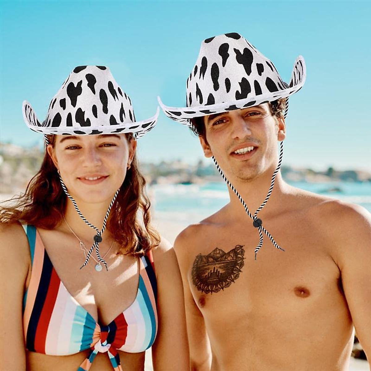TOPORTY Cow Print Cowboy Hat White and Black Felt Hat with Adjustable Lanyard Cowboy Style Hat for Men and Women