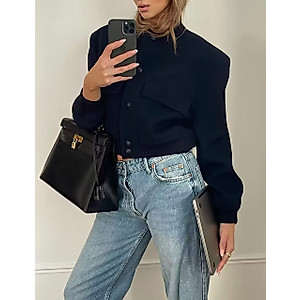 Megfie Womens Cropped Bomber Jacket Button Down Varsity Jackets Shackets With Pockets(0394-DarkBlue-M)