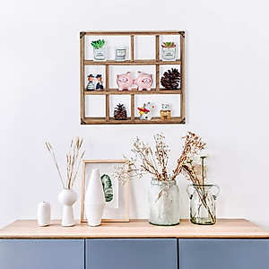 FIRMINANA Rustic Shadow Box Shelf,17.7x15.7-Inch Wall-Mounted (Vertical or Horizontal),9-Slot Rustic Wood Floating Shelves,Lightweight Solid Wood Display Shelf for Shot Glass (Brown)