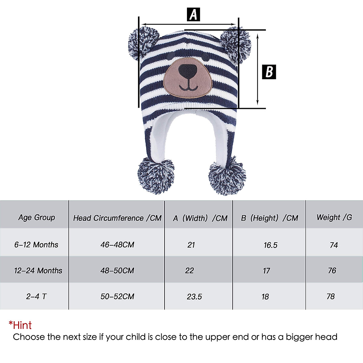LANGZHEN Toddler Kids Infant Winter Hat,Earflap Knit Warm Cap Fleece Lined Beanie for Baby Boys (Bear -Navy Stripe, L(50-52CM/19.69"-20.47"))