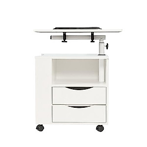 EKSED Multifunctional Height Adjustable Nightstand, Overbed End Table Wooden Night Stand with Swivel Top,Bedside Table with Storage Drawers, Wheels and Open Shelf, Easy Assembly, White