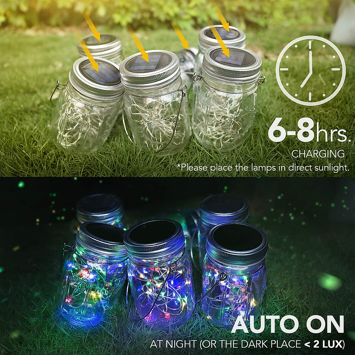 Mason Jar Solar Lights 30 LEDs, 6 Pack Hanging Solar Lights Outdoor, Waterproof Fairy Lights Solar Lanterns for Patio Garden, Hangers and Jars Included- Multicolor