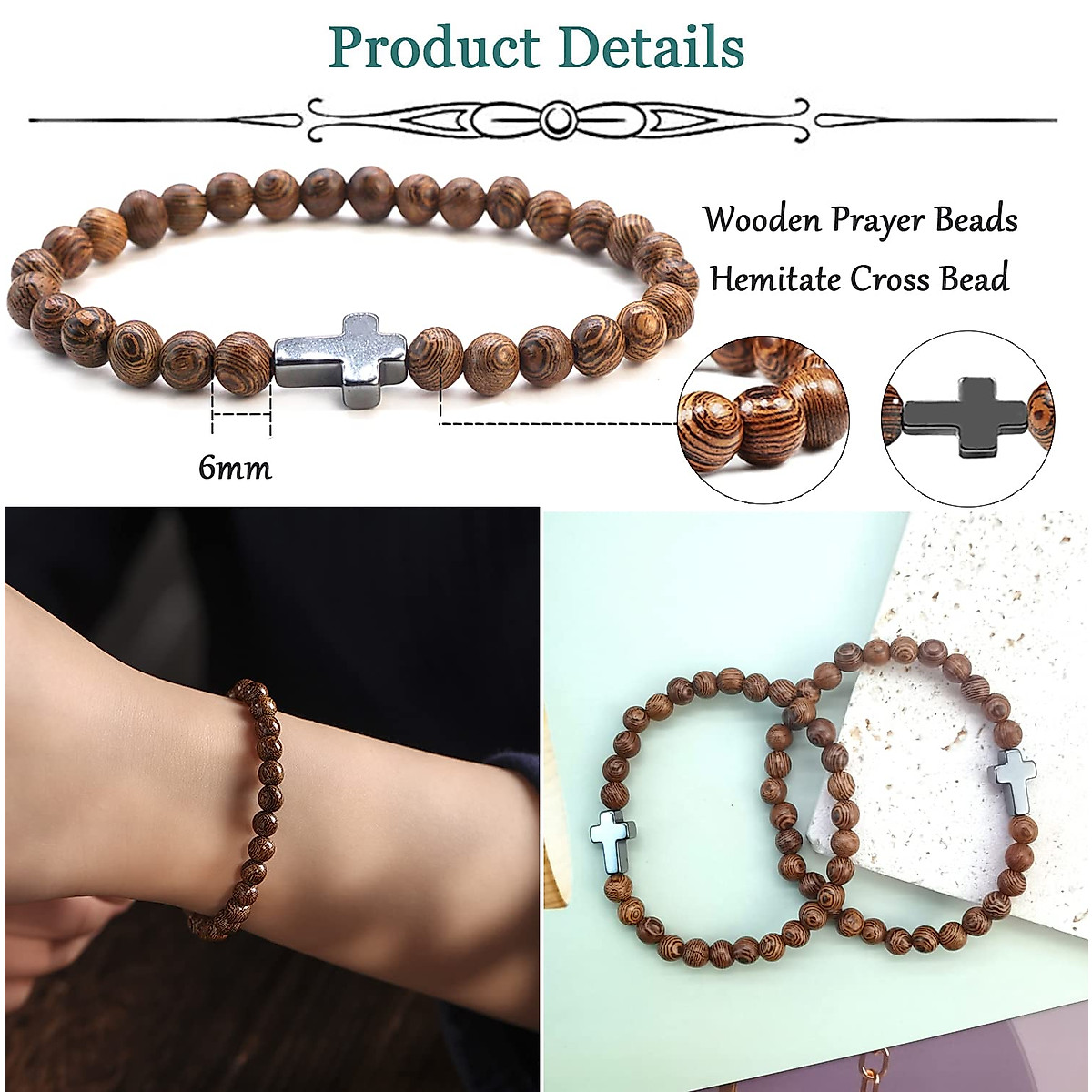 FIRAZIO 12Pcs Christian Prayer Beads Bracelet for Women Mens Wooden Beads Cross Bracelet Religious Mala Beaded Bracelets Fashion Jewelry 6mm/8mm