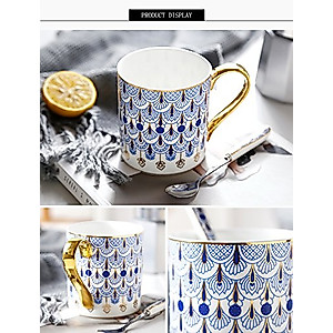 CHOOLD British Style Blue Floral Porcelain Coffee Mug with Golden Handle Spoon - 12oz