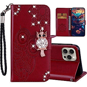 Ephoou Compatible with Apple iPhone 15 Pro Flip Glitter Wallet Case for Women, Pu Leather with Card Slots Crystal Diamond Owl Embossing Shockproof Cover Case for iPhone 15 Pro MTY-Red