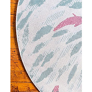 Unique Loom Positano Collection Coastal Modern Bright Colors Fish Beige Round Rug (6' x 6')