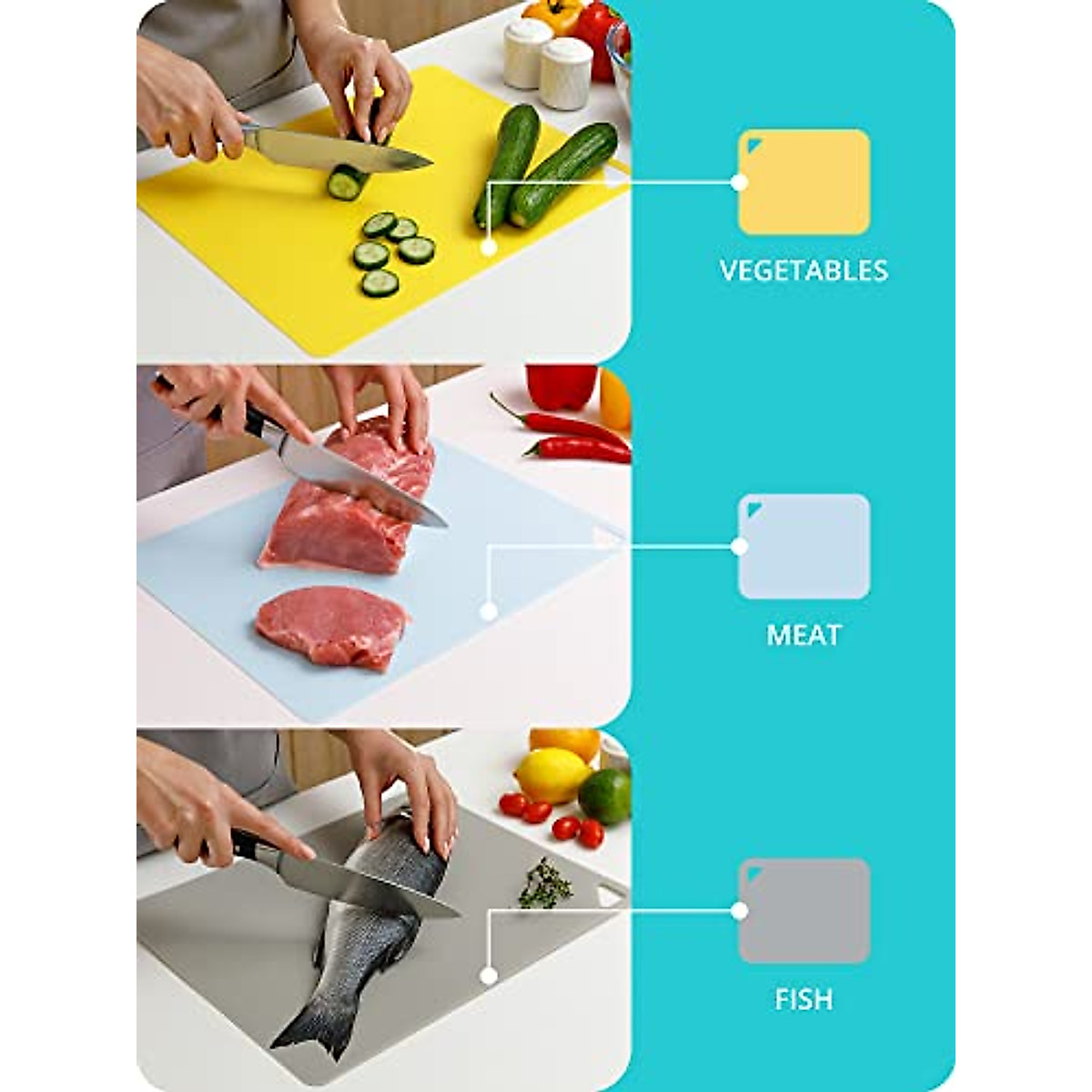 VOMAN Flexible Cutting Boards for Kitchen | Set of 3 | BPA-Free Cutting Mats for Cooking, Color Coded Cutting Board Mats | Non Slip Cutting Sheets | Plastic Cutting Board Set | Chopping Boards