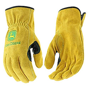 John Deere JD00004 Leather Gloves - Large Size Split Cowhide Work Gloves with Shirred Elastic Wrist. Hand Protection Wear,Gold